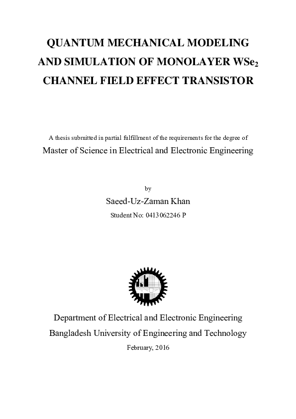 (PDF) Quantum Mechanical Modeling and Simulation of Monolayer WSe2 Channel Field Effect Transistor