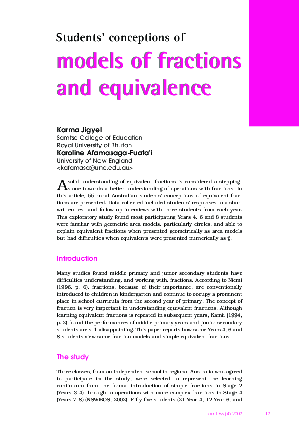(PDF) Students' Conceptions of Models of Fractions and Equivalence