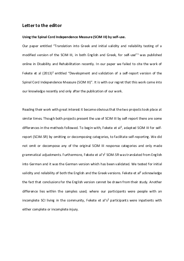 (PDF) Using the Spinal Cord Independence Measure (SCIM III) by self-use