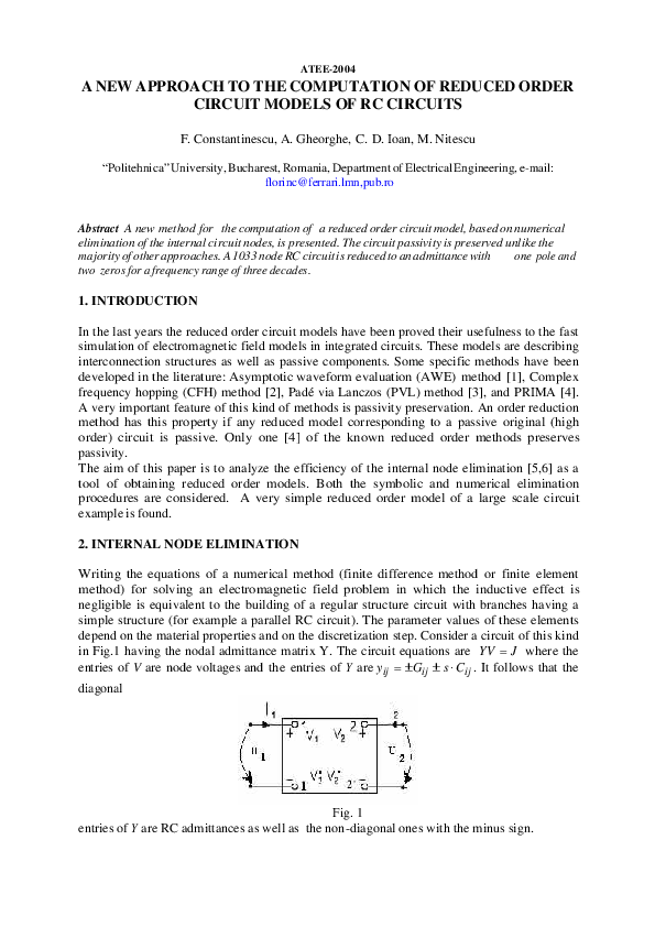 (PDF) A New Approach to the Computation of Reduced Order Circuit Models of RC Circuits ...