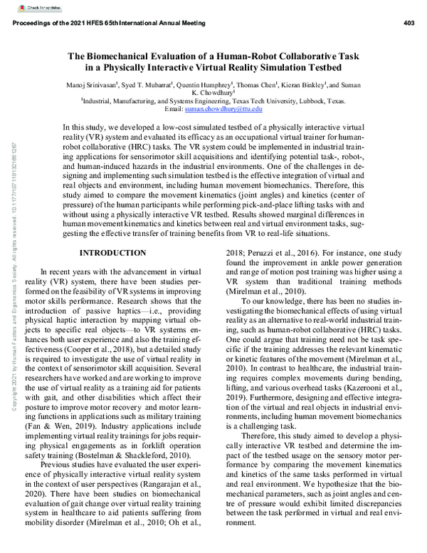 (PDF) The Biomechanical Evaluation of a Human-Robot Collaborative Task in a Physically ...