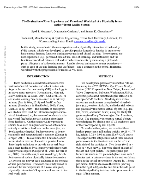 (PDF) The Evaluation of User Experience and Functional Workload of a Physically Inter- active ...