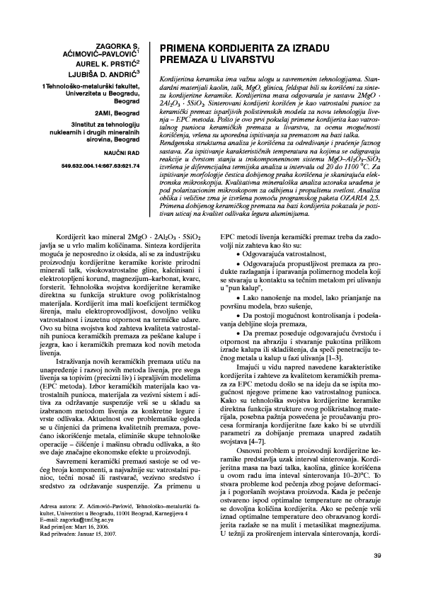 (PDF) Cordierite ceramics for applications in foundry practice | Ljubisa Andric - Academia.edu