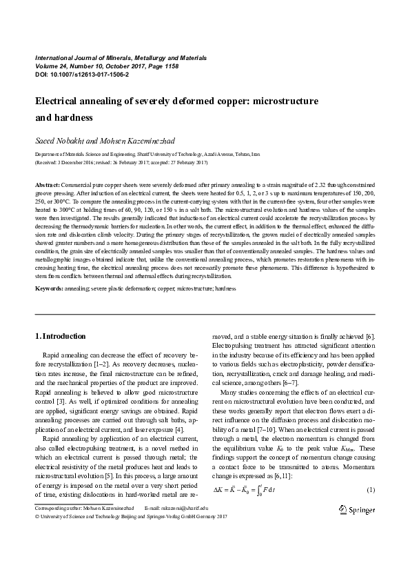 (PDF) Electrical annealing of severely deformed copper: microstructure ...
