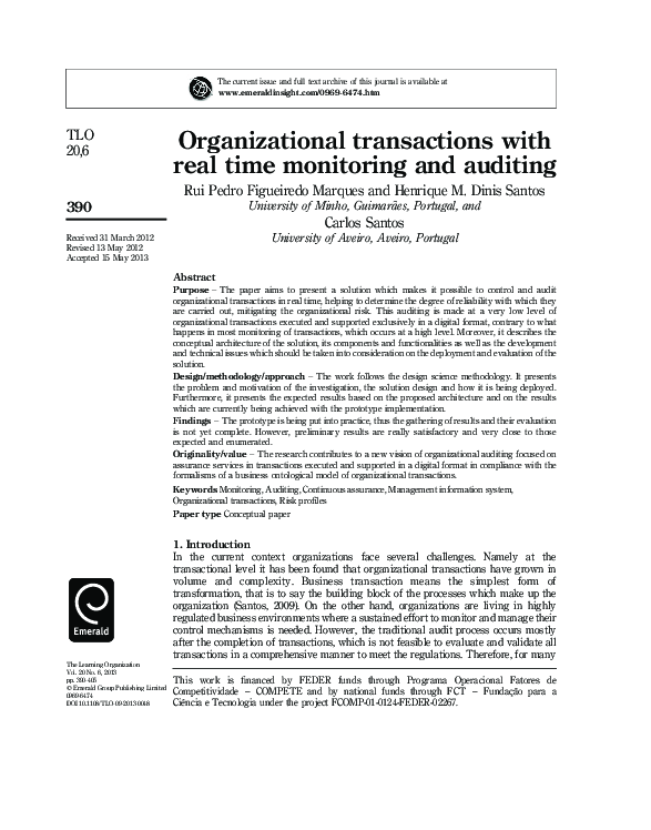 (PDF) Organizational transactions with real time monitoring and ...