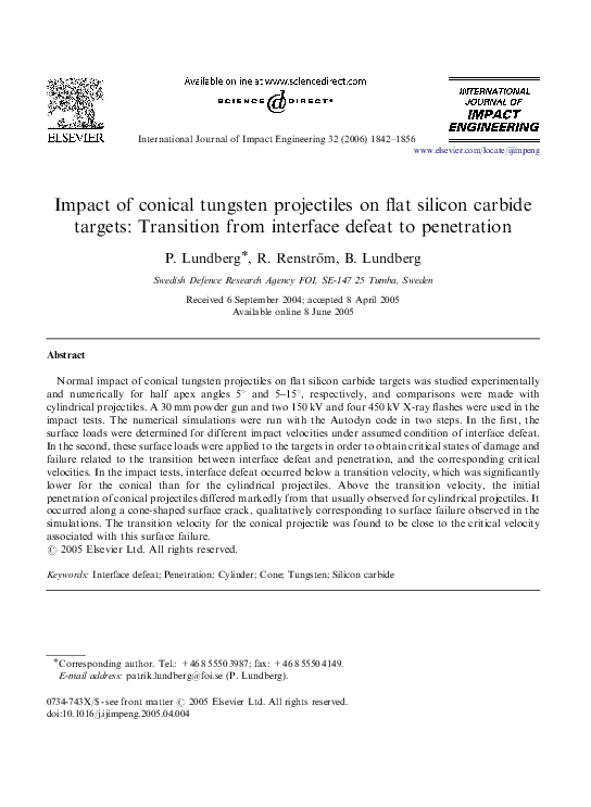 (PDF) Impact of conical tungsten projectiles on flat silicon carbide ...
