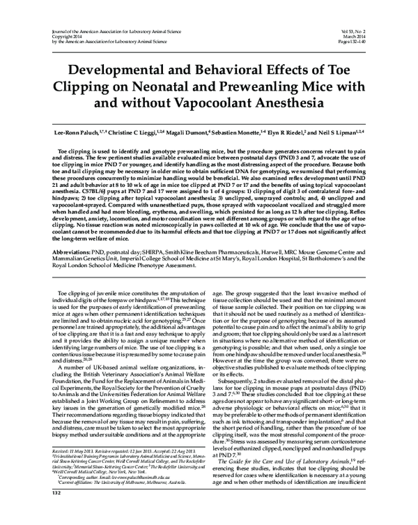 (PDF) Developmental and behavioral effects of toe clipping on neonatal ...
