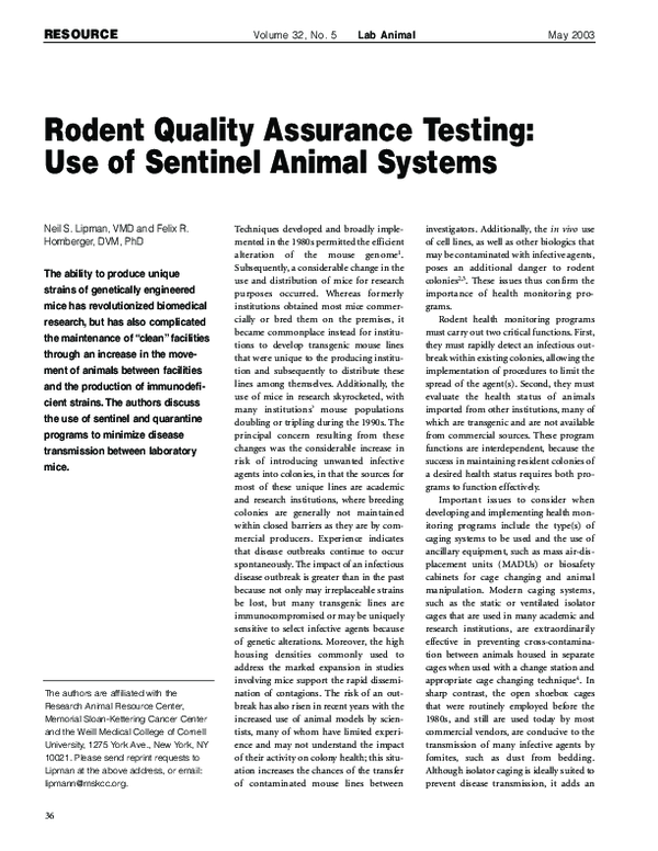 (PDF) Rodent Quality Assurance Testing: Use of Sentinel Animal Systems