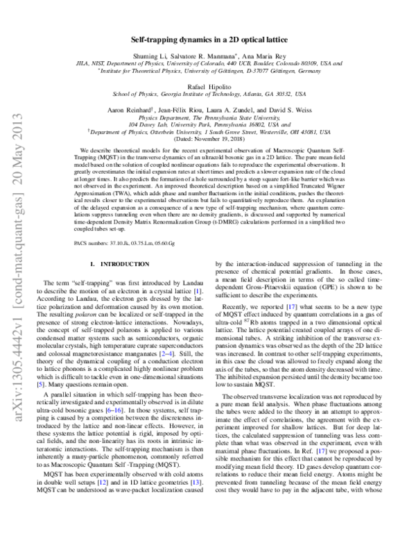 (PDF) Self-trapping dynamics in a two-dimensional optical lattice