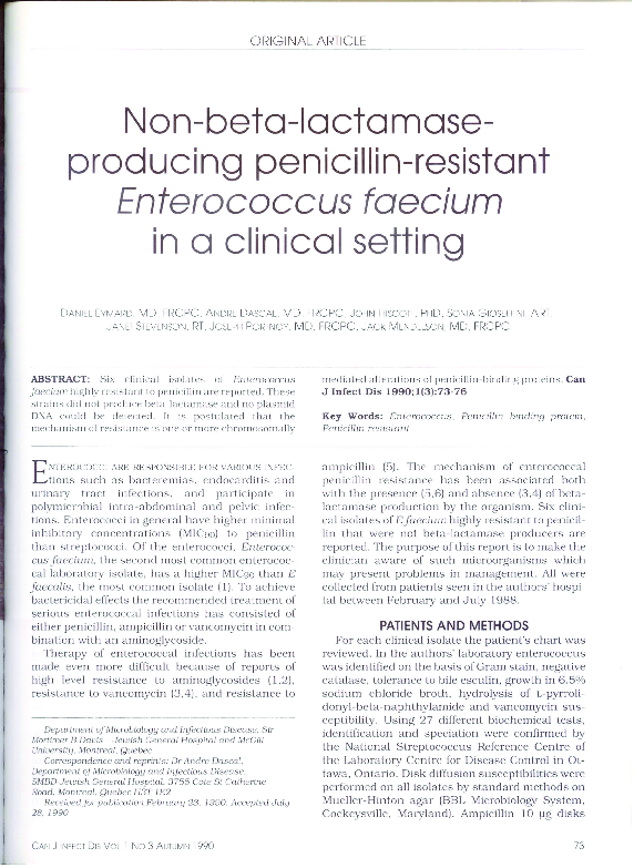 Pdf Non Beta Lactamase Producing Penicillin Resistant Enterococcus