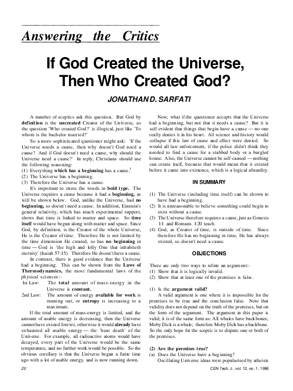 (PDF) If God Created the Universe, Then Who Created God?