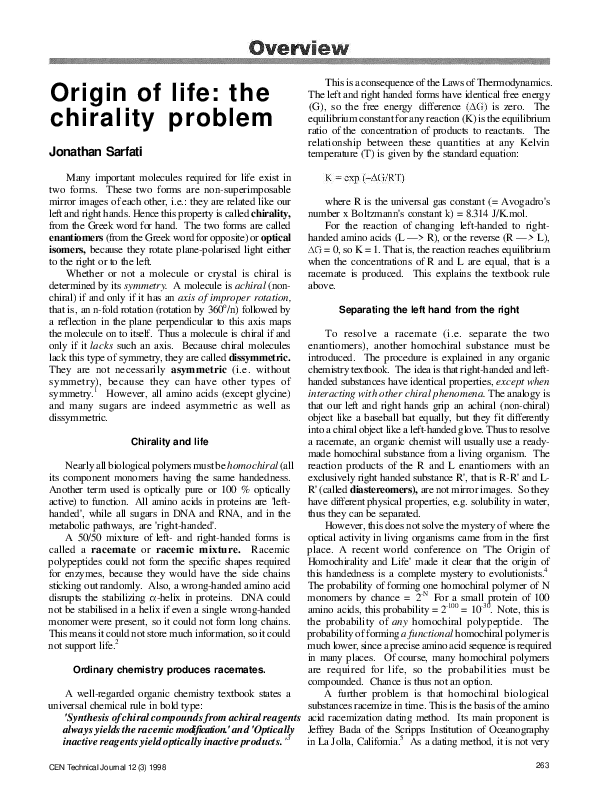 (PDF) Origin of life: the chirality problem