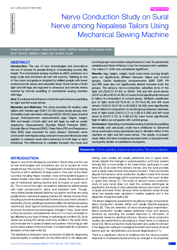 (PDF) Nerve Conduction Study on Sural Nerve among Nepalese Tailors ...