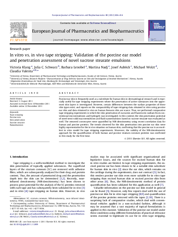(PDF) In vitro vs. in vivo tape stripping: Validation of the porcine ...