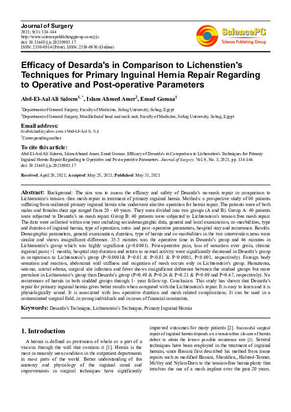 (PDF) Efficacy of Desarda's in Comparison to Lichenstien's Techniques for Primary Inguinal ...