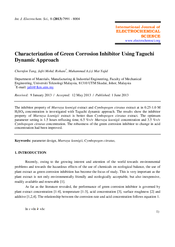 (PDF) Characterization of Green Corrosion Inhibitor Using Taguchi Dynamic Approach