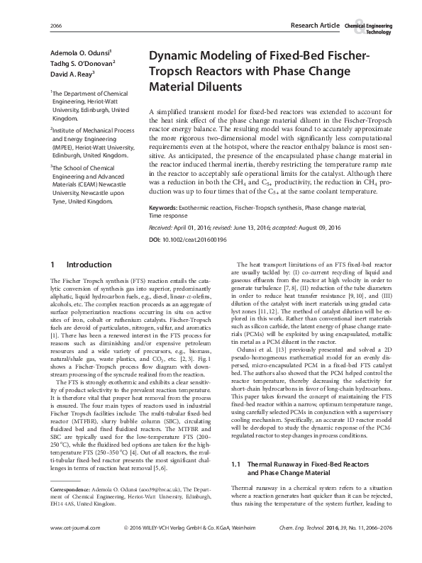 (PDF) Dynamic Modeling of Fixed-Bed Fischer-Tropsch Reactors with Phase ...