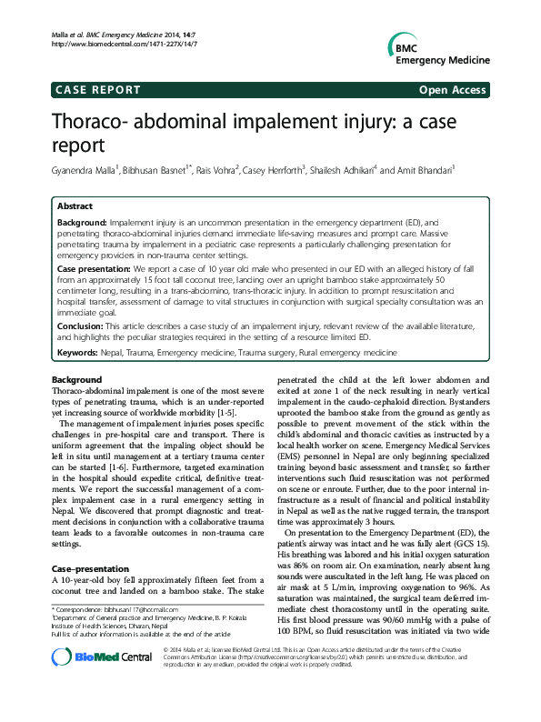 (PDF) Thoraco- abdominal impalement injury: a case report