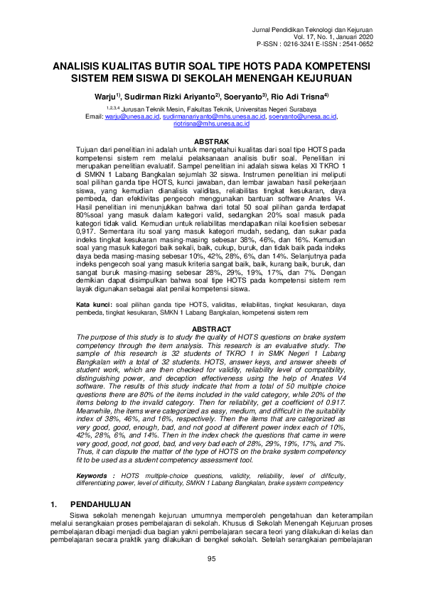 (PDF) ANALISIS KUALITAS BUTIR SOAL TIPE HOTS PADA KOMPETENSI SISTEM REM SISWA DI SEKOLAH ...