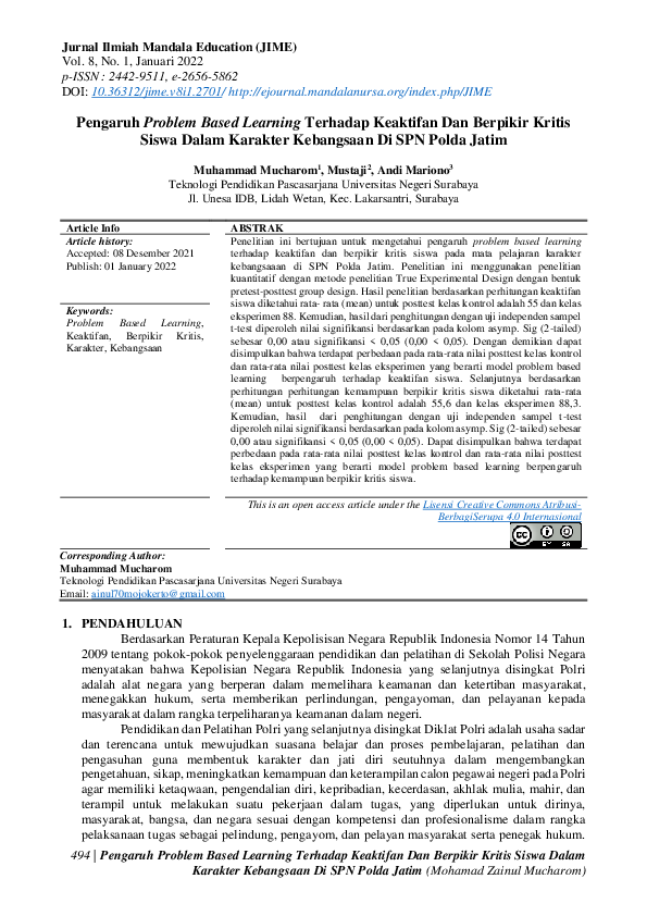 (PDF) Pengaruh Problem Based Learning Terhadap Keaktifan Dan Berpikir ...