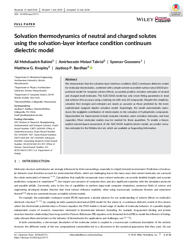 (PDF) Solvation thermodynamics of neutral and charged solutes using the ...