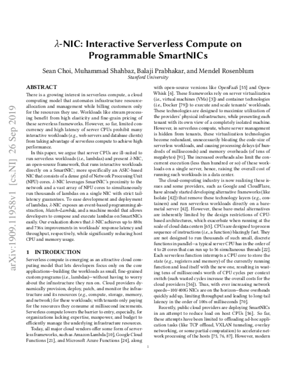 (PDF) λ-NIC: Interactive Serverless Compute on Programmable SmartNICs