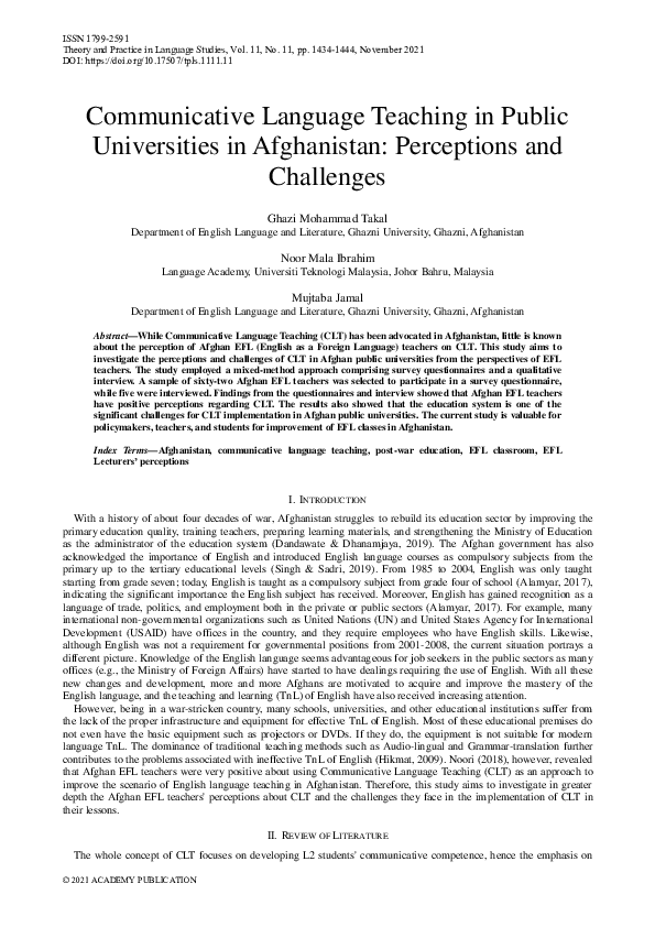 (PDF) Communicative Language Teaching in Public Universities in Afghanistan: Perceptions and ...