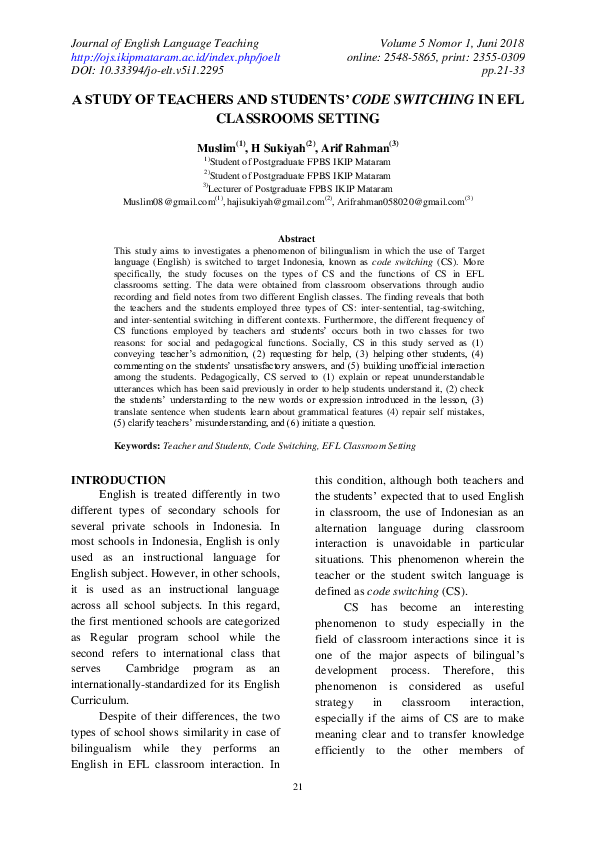 (PDF) A Study of Teachers and Students’ Code Switching in Efl Classrooms Setting