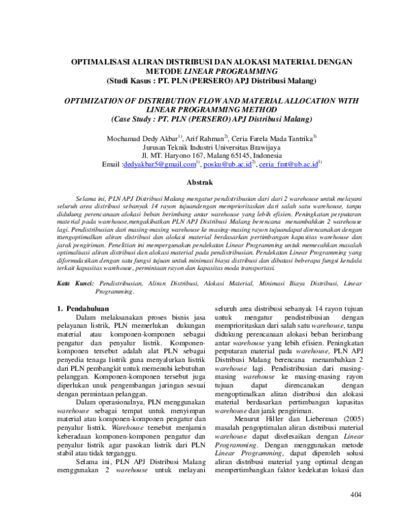 (PDF) OPTIMALISASI ALIRAN DISTRIBUSI DAN ALOKASI MATERIAL DENGAN METODE LINEAR PROGRAMMING ...