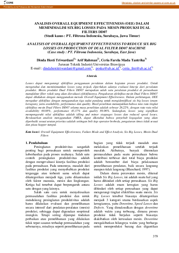 (PDF) ANALISIS OVERALL EQUIPMENT EFFECTIVENESS (OEE) DALAM MEMINIMALISI ...
