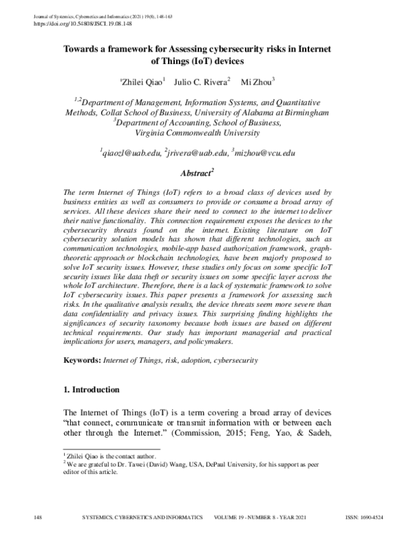 (PDF) Towards a Framework for Assessing Cybersecurity Risks in Internet of Things (IOT) Devices