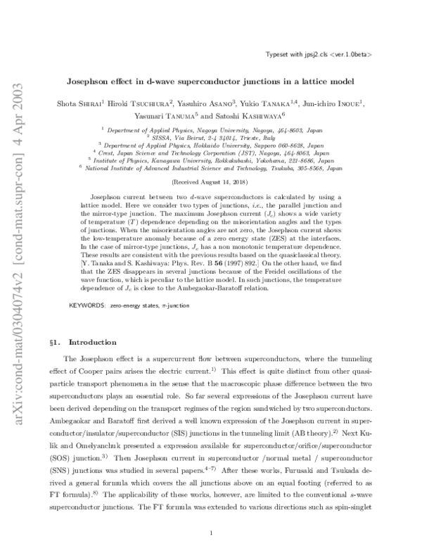 (PDF) Josephson Effect in d-Wave Superconductor Junctions in a Lattice Model