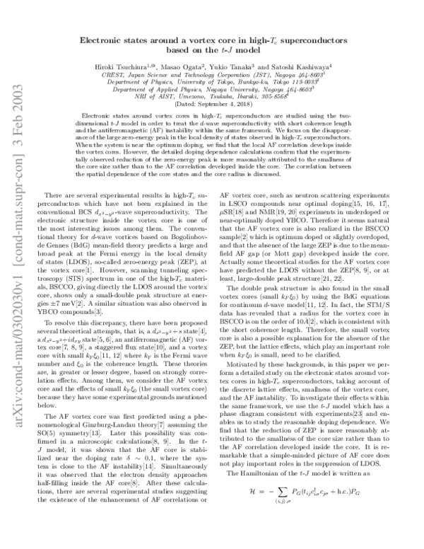 (PDF) Vortex Core States in High-Tc Superconductors