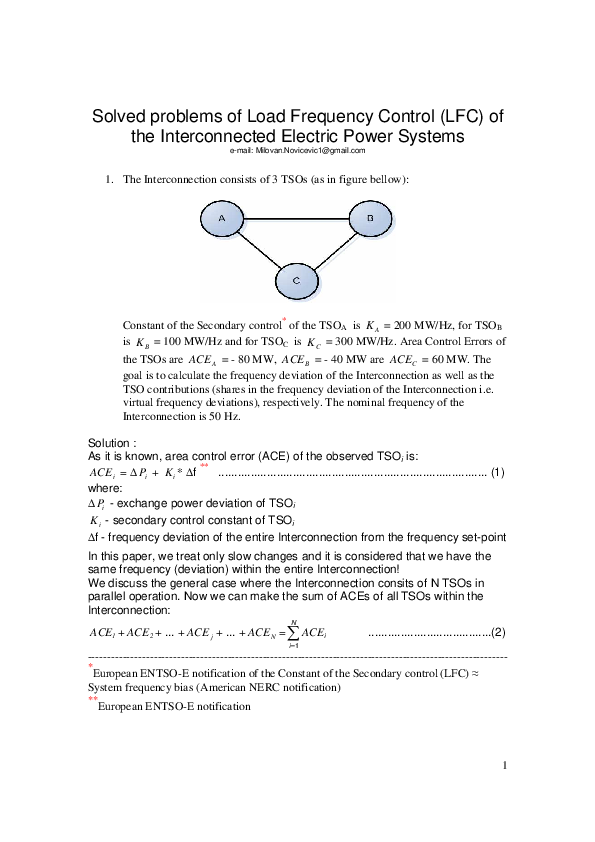 (PDF) Solved problems of Load Frequency Control (LFC) of the Interconnected Electric Power Systems