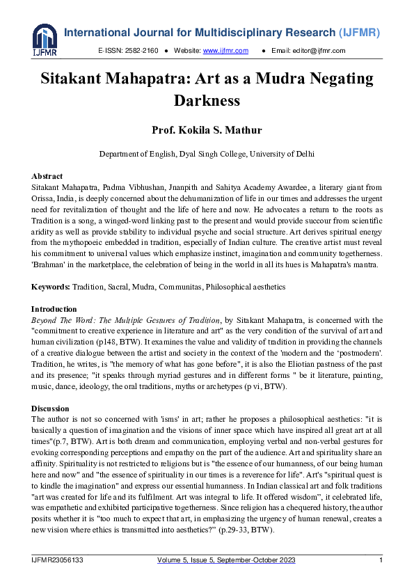(PDF) Sitakant Mahapatra: Art as a Mudra Negating Darkness