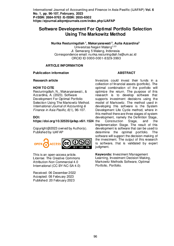 (PDF) Software Development For Optimal Portfolio Selection Using The Markowitz Method