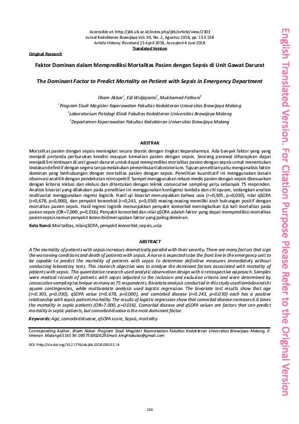 (PDF) Faktor Dominan dalam Memprediksi Mortalitas Pasien dengan Sepsis ...