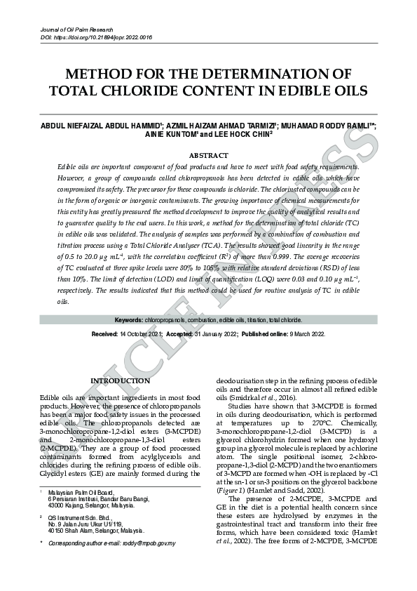 (PDF) Method for the Determination of Total Chloride Content in Edible Oils