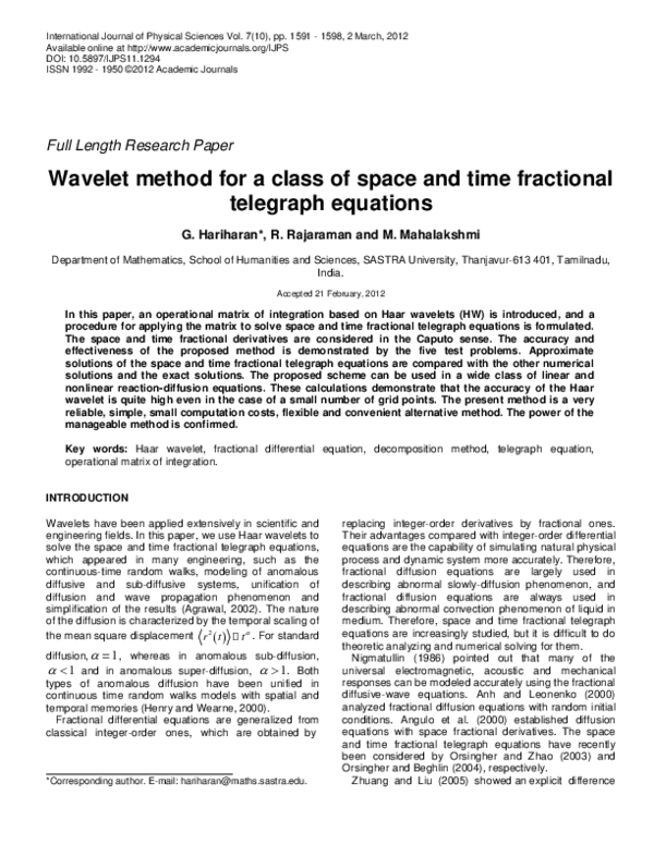 (PDF) Wavelet method for a class of space and time fractional telegraph equations | Dr. R ...