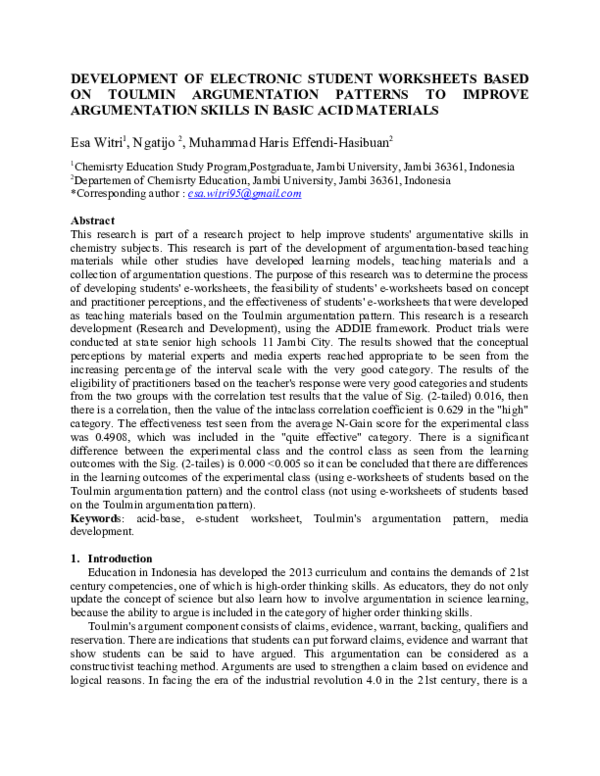 (DOC) DEVELOPMENT OF ELECTRONIC STUDENT WORKSHEETS BASED ON TOULMIN ARGUMENTATION PATTERNS TO ...