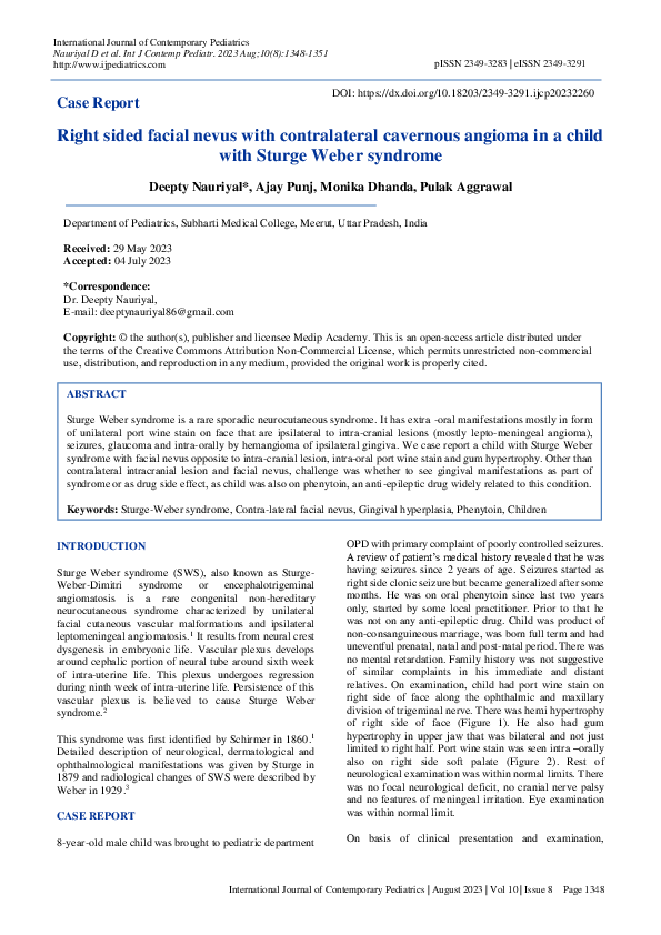 (PDF) Right sided facial nevus with contralateral cavernous angioma in ...