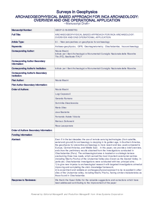 Pdf Archaeogeophysical Based Approach For Inca Archaeology Overview