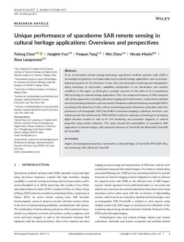 Pdf Unique Performance Of Spaceborne Sar Remote Sensing In Cultural Heritage Applications