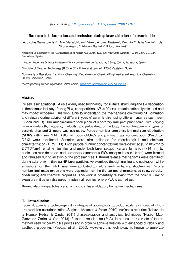 (PDF) Nanoparticle formation and emission during laser ablation of ...