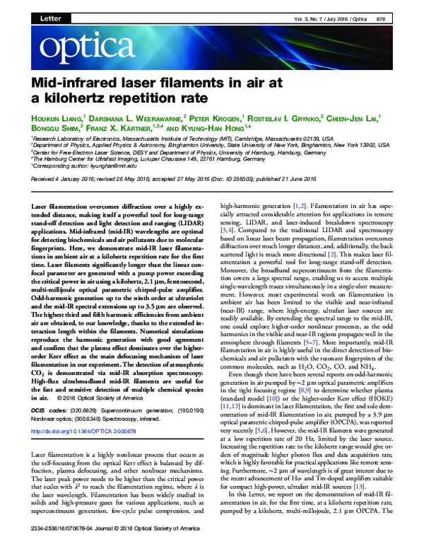 (PDF) Mid-infrared laser filaments in air at a kilohertz repetition rate