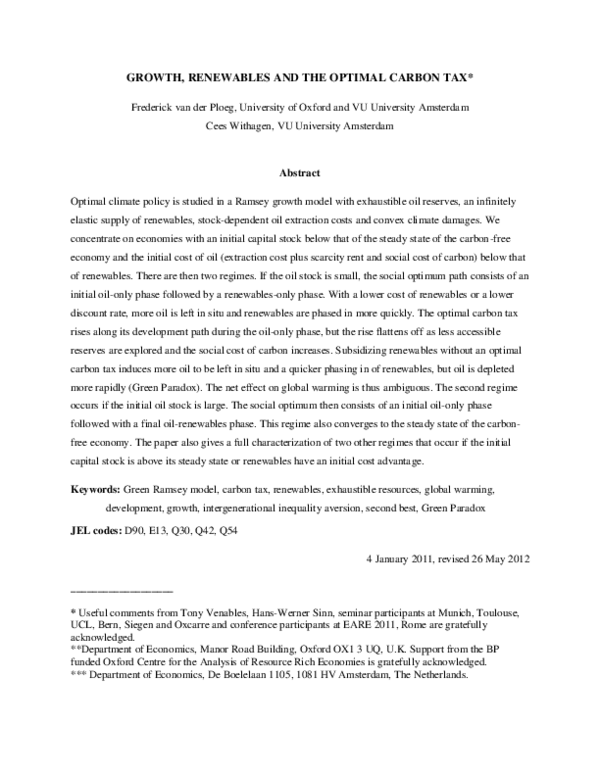 (PDF) Growth, Renewables, and the Optimal Carbon Tax