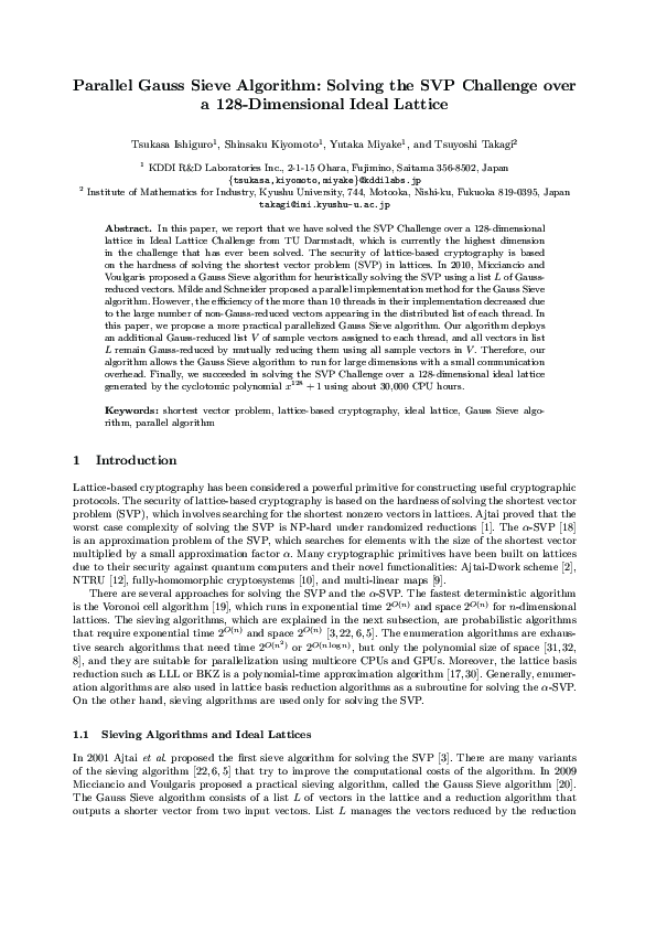 (PDF) Parallel Gauss Sieve Algorithm: Solving the SVP in the Ideal ...