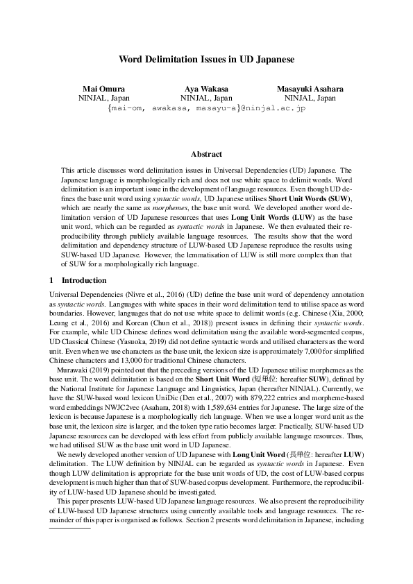 (PDF) Word Delimitation Issues in UD Japanese | Mai Omura - Academia.edu