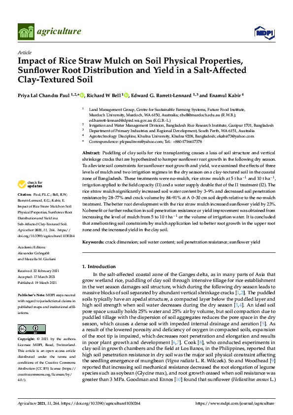 (PDF) Impact of Rice Straw Mulch on Soil Physical Properties, Sunflower Root Distribution and ...