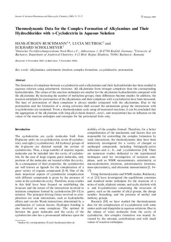 (PDF) Thermodynamic Data for the Complex Formation of Alkylamines and ...